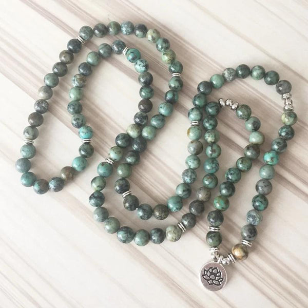 Natural African Turquoise Lotus Mala - Third Eye Transcend