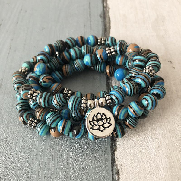 Natural Chrysocolla Malachite Lotus Mala - Third Eye Transcend