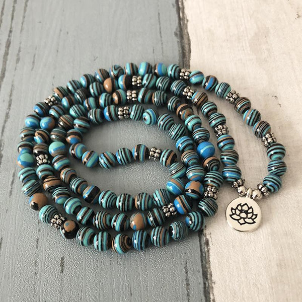 Natural Chrysocolla Malachite Lotus Mala - Third Eye Transcend